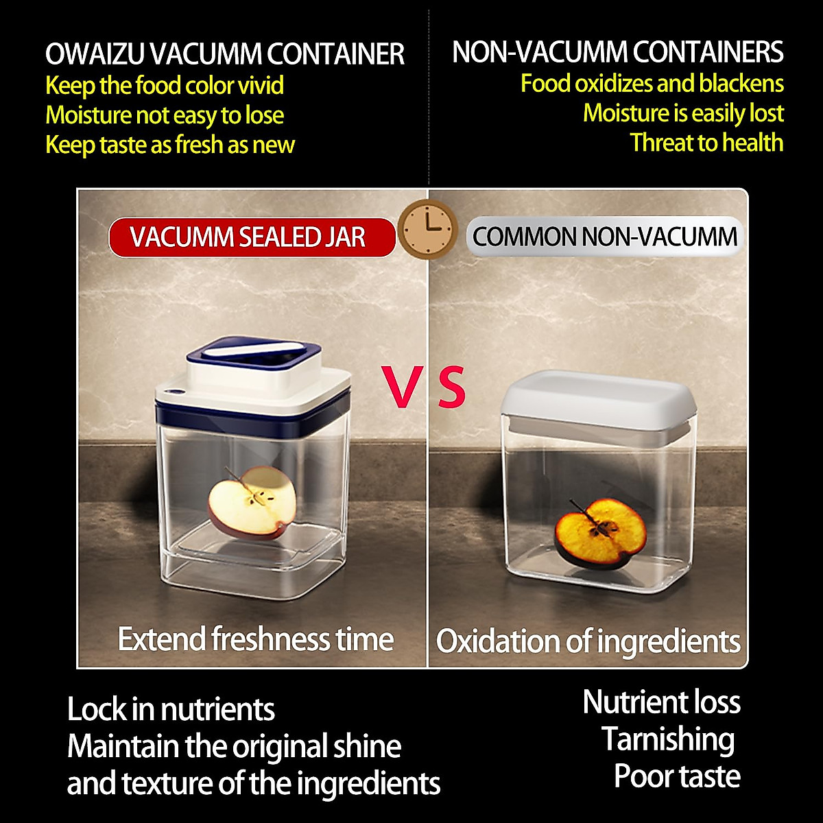 OWAIZU Vacuum Sealed Food Storage Container, BPA Free Wide Mouth Airtight Jar Keep Fresh Longer, Great to Keep Coffee Beans, Spice, Cereal, Snacks, Kitchen and Pantry Organization, 22fl.oz/650ml