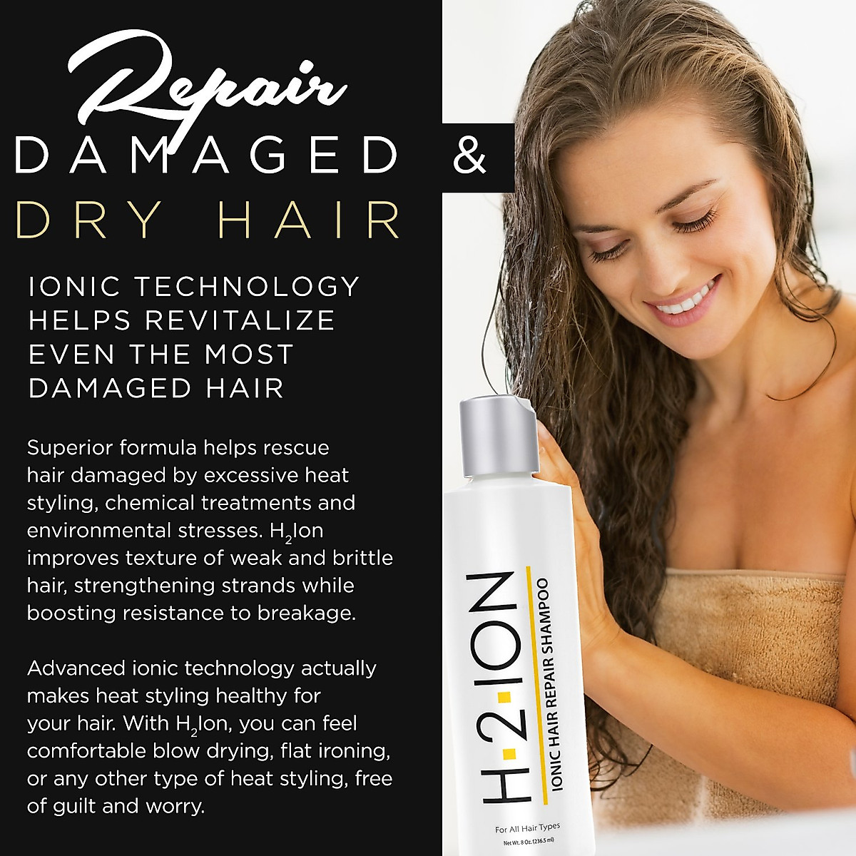 H2 Ion Hair Repair Shampoo -- Thermal Activated Ionic Shampoo for Damaged Hair -- Deep Clean - Lock in Moisture - Restore Shine Body & Bounce - Protect from Heat Styling - Seal Split Ends (8 oz)