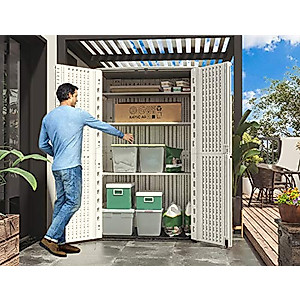 ADDOK Outdoor Storage Cabinet Waterproof,Outdoor Storage Sheds with Floor, Double-Layer Storage Shed for Patios/Generator/Long-Handled Tools (Off-White/52 Cu.Ft)