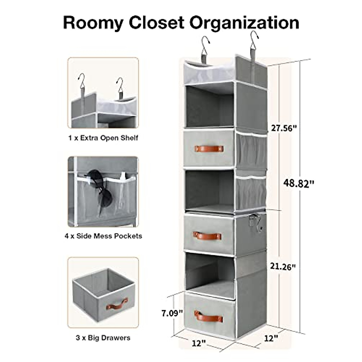 Yecaye Upgraded 7-Shelf Hanging Closet Organizers and Storage with 3 Drawers 4 Side Pockets, 2 Flexible 3-Shelf Closet Organizer System, Clothes Organizer Shelves for Bedroom Closet Rack