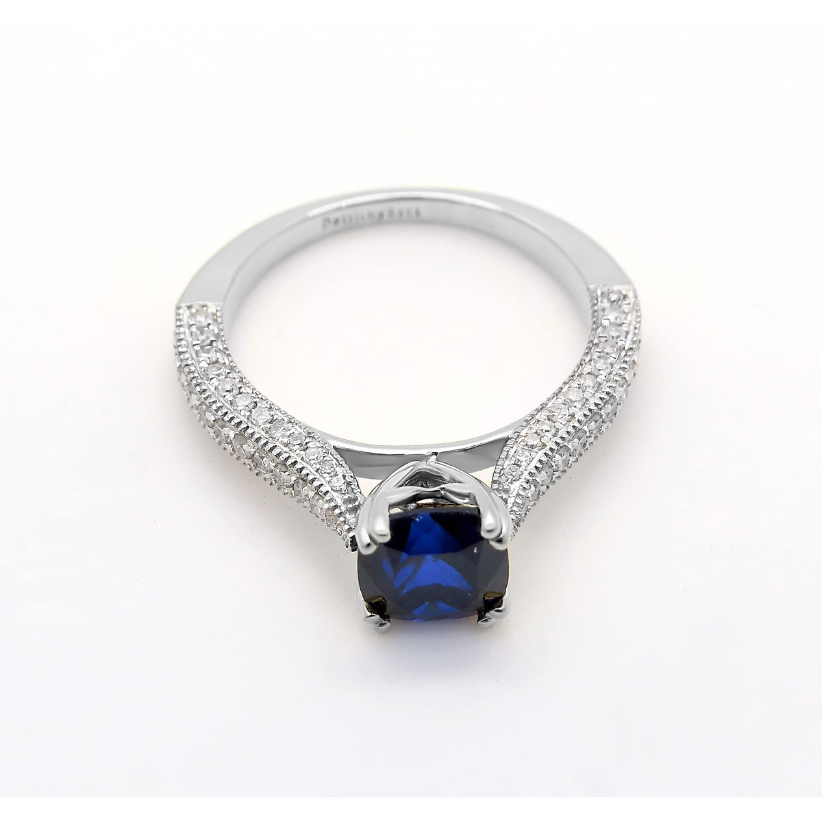 Dazzlingrock Collection 18K 6 MM Cushion Created Blue Sapphire And Round Diamond Women Ring, White Gold, Size 8.5