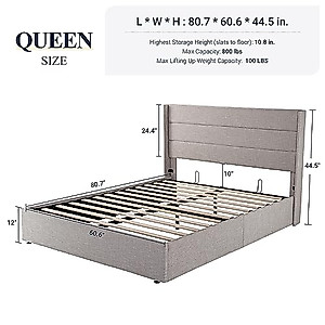 Allewie Queen Size Lift Up Storage Bed, Modern Wingback Headboard, No Box Spring Needed, Hydraulic Storage, Light Beige