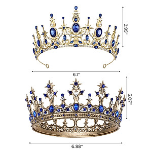 SWEETV Couple Crowns for Women & Men,Crystal Queen Tiara King Crown Set,2-Pack Gold Blue Medieval Hair Accessories for Prom Wedding Photo Shoot Birthday