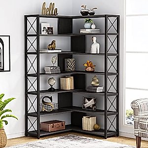 Tribesigns 6-Shelf Corner Bookcase, Vintage Industrial Corner Bookshelf Etagere Bookcase, 6 Tier Corner Shelf Storage Rack with Metal Frame for Living Room Home Office (Black)