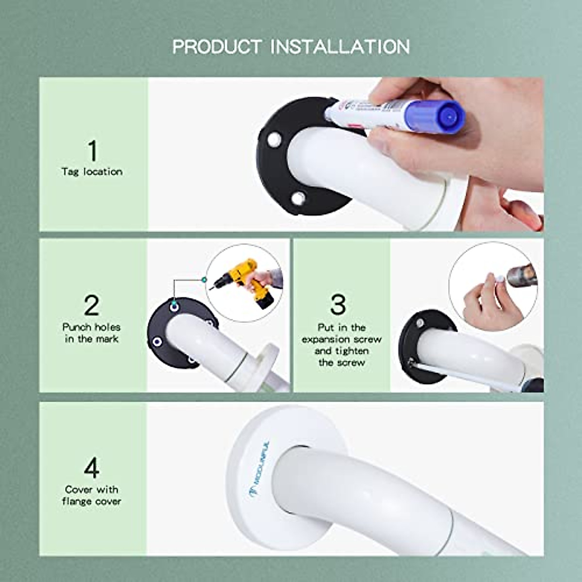 Stainless Steel Shower Grab Bar with Plastic-Plated Finish, Shower Grab Bars for Seniors, Luminous Circles and Cover Flange, Bathroom Handicap Handrails, White 12 inch