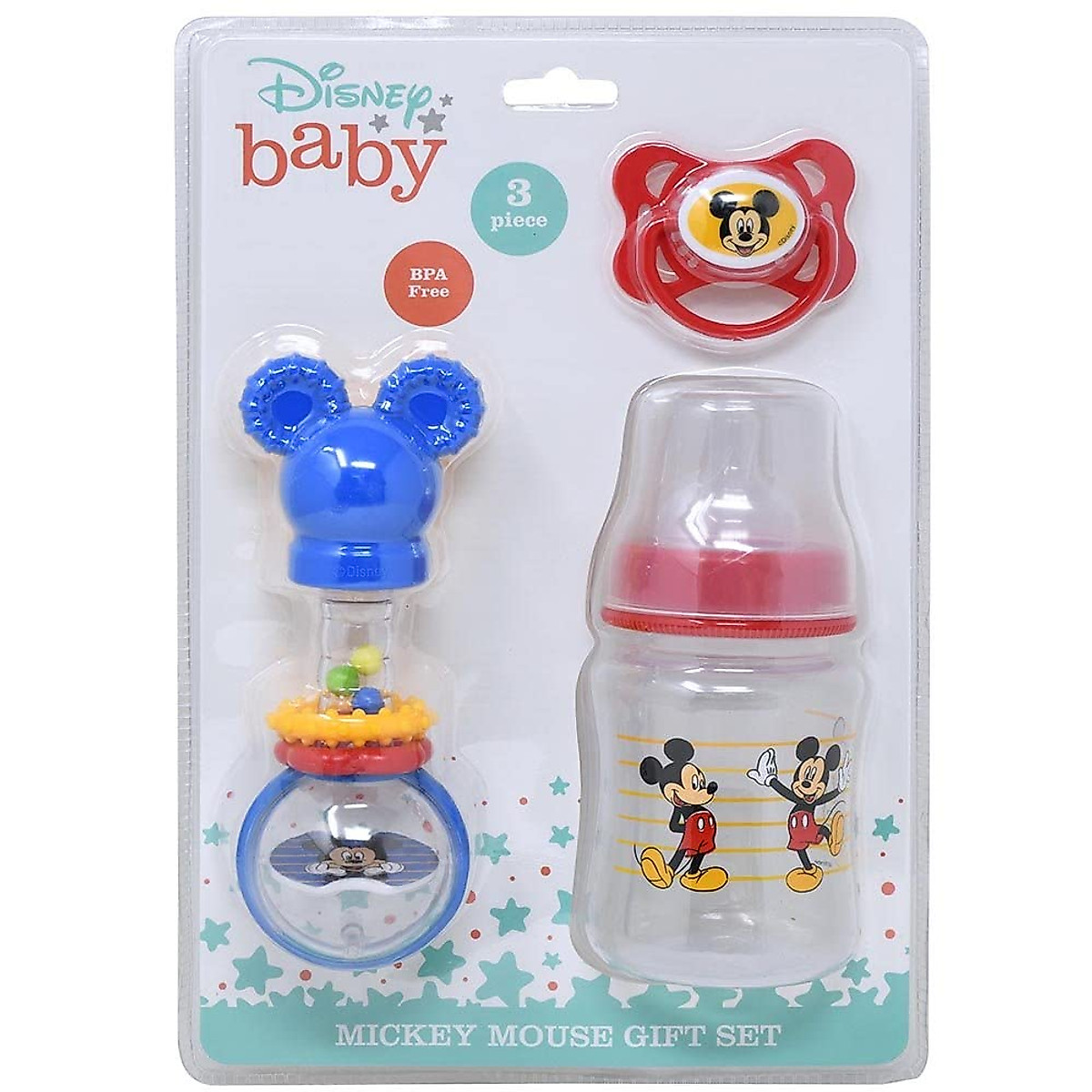 Cudlie Disney Baby Boy Mickey Mouse Bottle, Rattle & Pacifer Set
