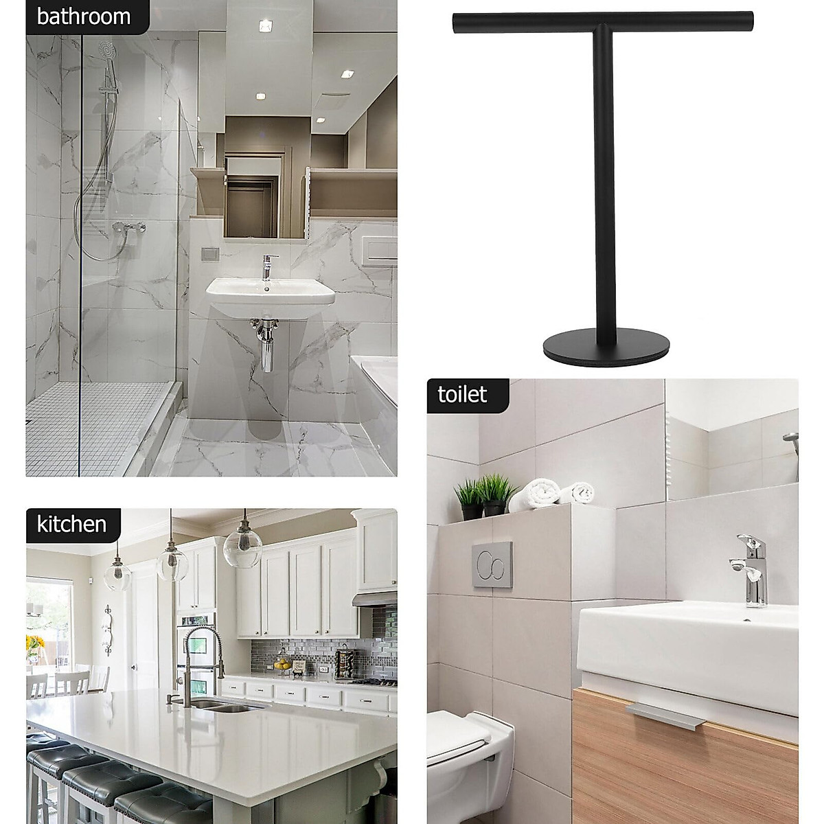 Luxshiny Hand Towel Holder Standing Stainless Steel T-Shape Towel Bar Rack Stand for Bathroom Kitchen Vanity Countertop Black