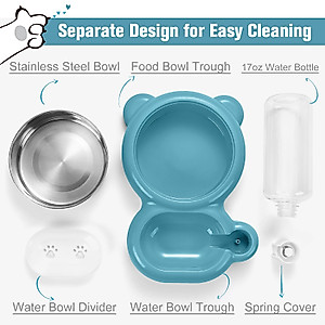 Dog Bowls, Cat Food and Water Bowl Set with Water Dispenser and Stainless Steel Bowl for Cats and Small Dogs - Blue