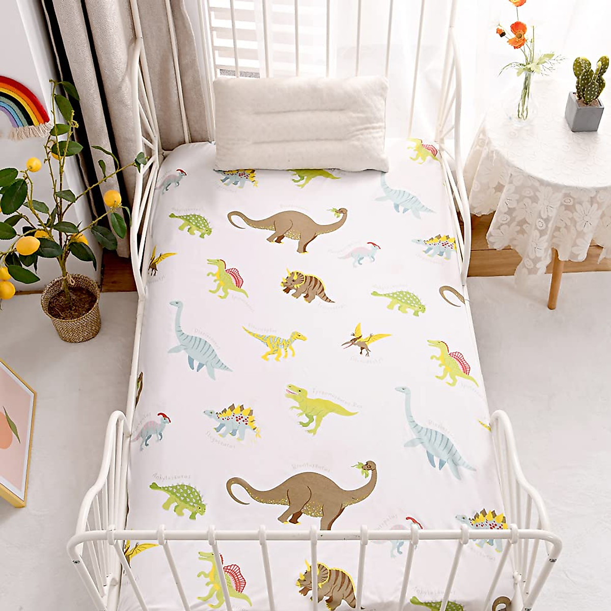 NATURETY Bedding Fitted Sheet with Deep Pocket,Dino Printed Fabric Bed Sheets,Soft Dino Pattern Sheets for Kids Twin Size Bed (White(Dinosaur), Twin)