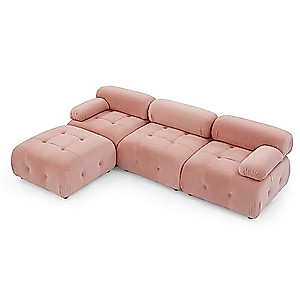 FAVSH L-Shaped Couch with Reversible Ottoman,Modular Sectional Sofa with Button Tufted and Free Combination for Living Apartment,Office,Teddy Fabric,Pink