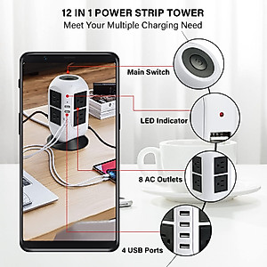 【5M】 Surge Protector Power Strip Tower with USB. TEEMDOM 12 in 1 Power Strip with USB Ports，Surge Protector Tower with 8 Outlets mit 4 USB, 5M/15 FT Long Extension Cord with Multiple Outlets for Home…
