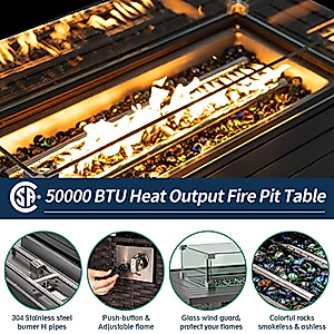 Amopatio 8 Pieces Patio Furniture Set Outdoor with Gas Fire Pit Table, PE Wicker Pit Conversation Sets, 44" Gas Fire Patio Sectional Furniture with Sky Blue Cushions, Coffee Table, 2 Waterproof Covers