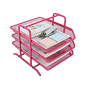 EasyPAG Desk Organizer Tray with 3 Sliding Trays for Letters Documents Mail Files Paper, Pink
