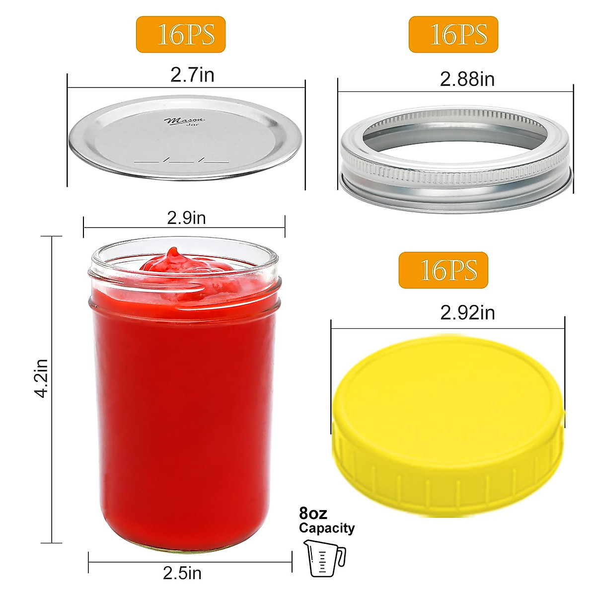 Brajttt Mason Jars 8 oz, Glass Jars With Regular Lids and Bands,16 pcs Canning Jars Jelly Jars, Ideal for Jam, Honey,DIY Spice Jars, Dessert