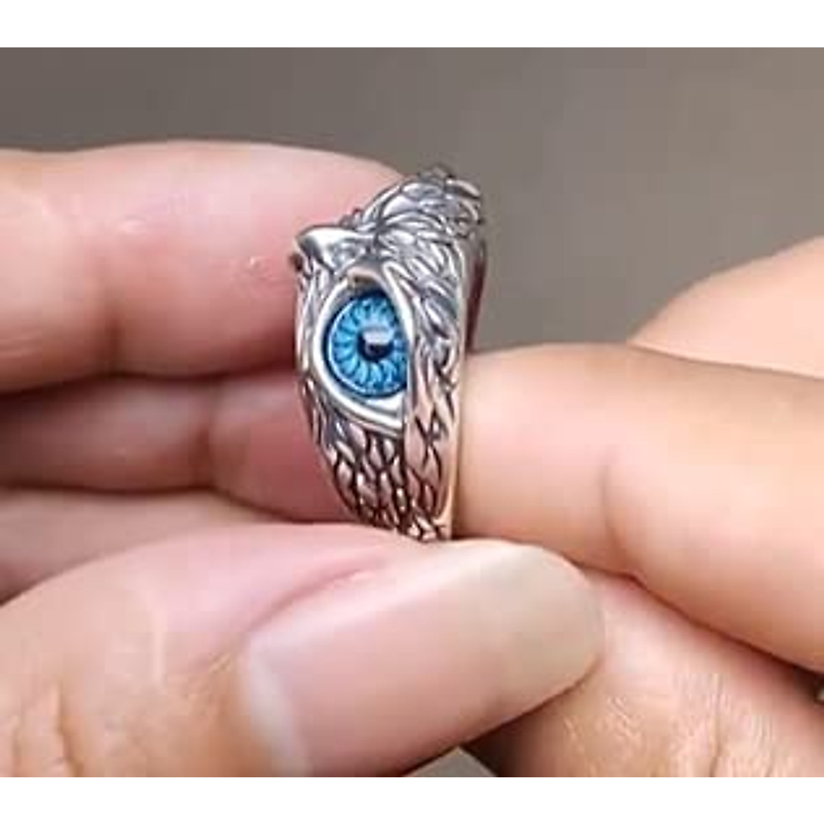 925 Sterling Silver Owl Ring blue or red eyes for men and women animal jewelry (Blue)