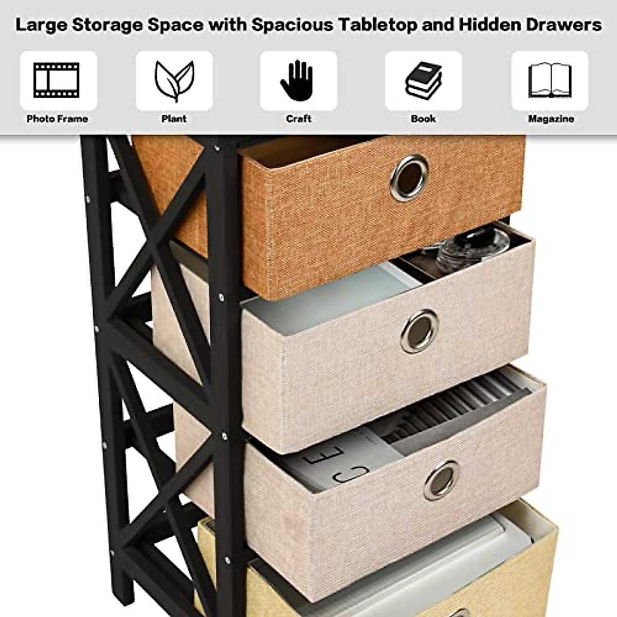 Nightstands Set of 2, with 4 Drawers, Wood Nightstand, Contrasting Colors Fabric Drawers, Easy Assembly Bedside Tables for Bedroom, College Dorm, Sturdy Black Wood Frame, Wood Top, Easy Pull Handle.