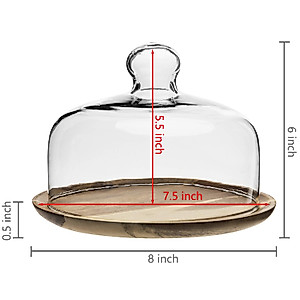 MyGift 7.5 Inch Small Clear Glass Dessert/Cheese Cloche Dome with Acacia Wood Serving Tray