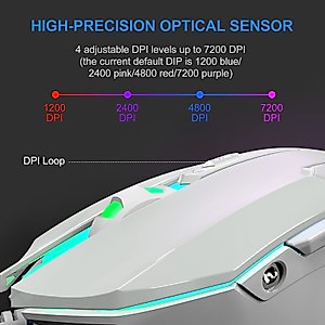 aMZCaSE Wired Mouse, RGB Optical Computer Mouse, USB Corded Mouse with 6 Buttons, 7200 DPI Adjustable Office and Home Wired Gaming Mouse for Laptop Windows PC Desktop Notebook-White