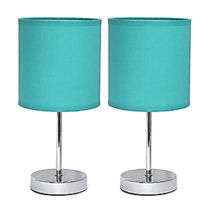 Simple Designs LT2007-BLU-2PK Chrome Mini Basic Table Lamp with Fabric Shade 2 Pack Set, Blue Turquoise