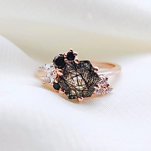 Rings For Women Hexagon Cut Black Rutilated Quartz Ring Vintage Unique Ring Marquise Cluster Black Spinel, Gift Beautiful Wedding Ring BY FOREVER GEMS & JEWELS, Rose Gold,White,Silver