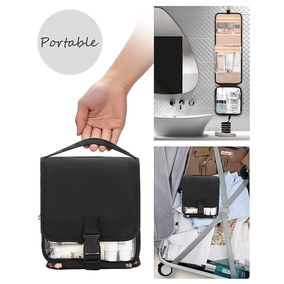 Relavel Travel Toiletry Bag for women with Detachable TSA Approved Toiletry Bag, Compact Hanging toiletry bag with Small Carry On 3-1-1 Clear Waterproof Travel Bags for Toiletries (M Black, A Small)