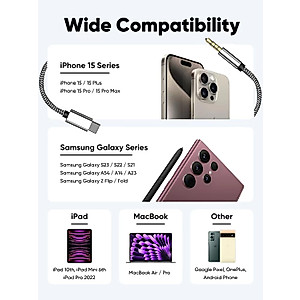 Aux Cord for Phone 15,Phone Aux Cord for Car,[MFi Certified] USB C to 3.5mm Audio Aux Jack Headphone Car Stereo Nylon Braided Cable for iPhone15/15 Plus /15 Pro Max,iPad Pro to Car,Speakers