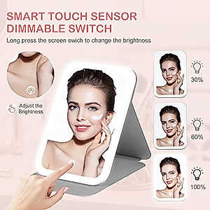 Luminar bowo Vanity Tabletop Mount Mirror with Lights, Travel Makeup Mirror 360° Rotation Touch Screen 3 Colors Light Modes 72 LEDs USB Rechargeable, 1200mA 5.5x8-Inch Desk Compact Mirror Pink