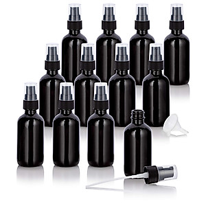 JUVITUS 2 oz Black Glass Luxury Boston Round Bottle with Black Treatment Pump (12 Pack) + Funnel