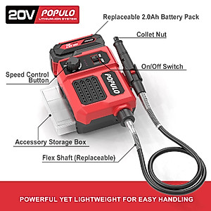POPULO 20V Cordless Flex Shaft Rotary Tool, Variable Speed Power Rotary Tool Kit with 80 Accessories, 2.0Ah Battery and Charger, Tools used for High-Precision Cutting and Large Wood Carving
