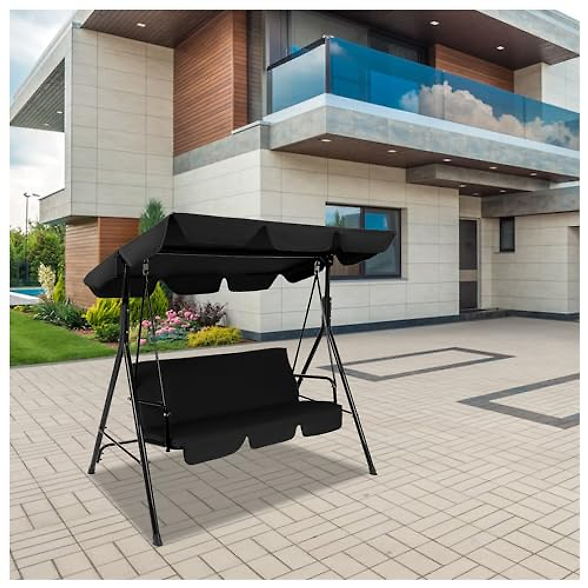 HECASA 3-Person Outdoor Swing Chair, Steel Porch Swing with Convertible Canopy & Removable Cushion for Patio, Garden, Poolside, Balcony and Backyard - Black