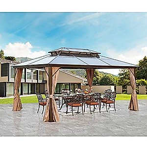 MELLCOM 12 x 16ft Polycarbonate Hardtop Gazebo, Double Roof Aluminum Gazebo, Outdoor Waterproof Gazebo with Netting and Curtains for Patios, Garden, Deck, Lawns