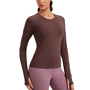 CRZ YOGA Womens Seamless Workout Long Sleeve Shirts Quick Dry Gym Athletic Tops Breathable Running Yoga T-Shirts Taupe Medium