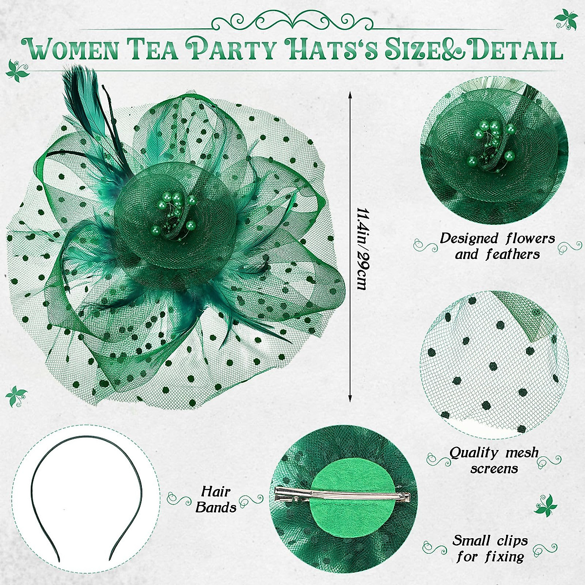 Tigeen 9 Pcs Fascinator for Women Tea Party Hat Headband Cocktail Veil Flower Feather Mesh Derby Hat for Wedding Church (Simple Color,Classic Style)