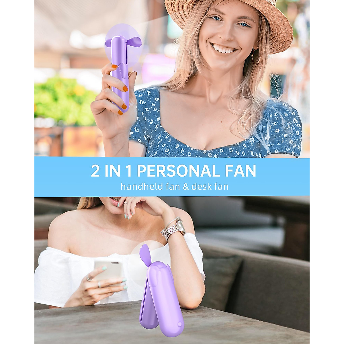 Jkjoy Mini Handheld Fan, Portable Hand Fan with USB Rechargeable, 2000 mAh Battery Operated Pocket Fan, 3 Speeds Adjustable, 2 IN 1 Small Personal Fan for Women Girls Travel Outdoor