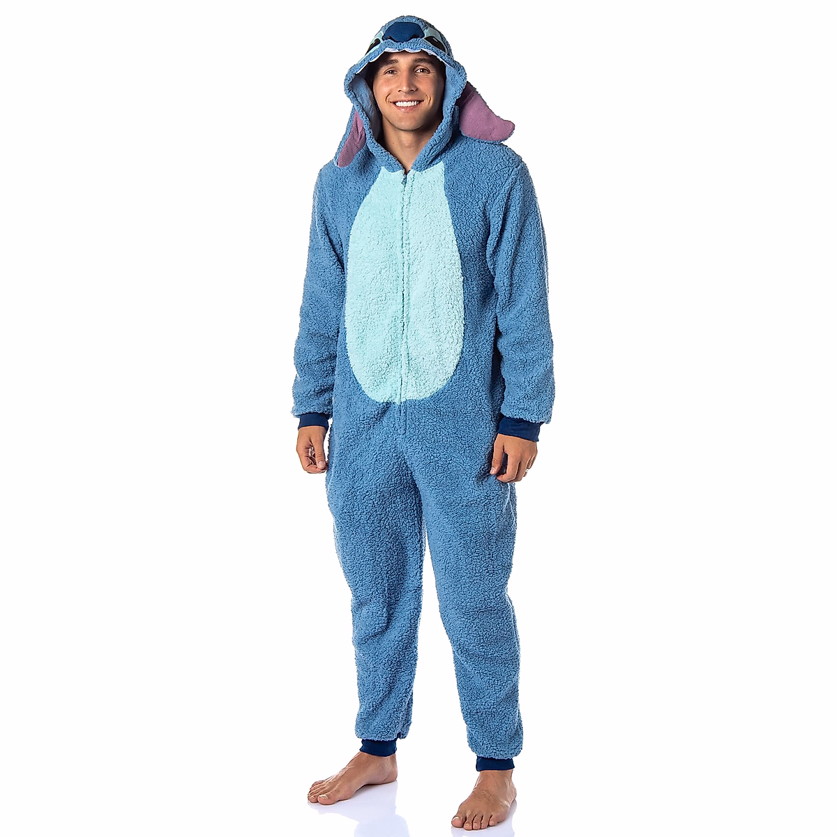 Disney Lilo And Stitch Adult Unisex Stitch Costume Sherpa Fleece One Piece Pajama Union Suit (Large) Blue