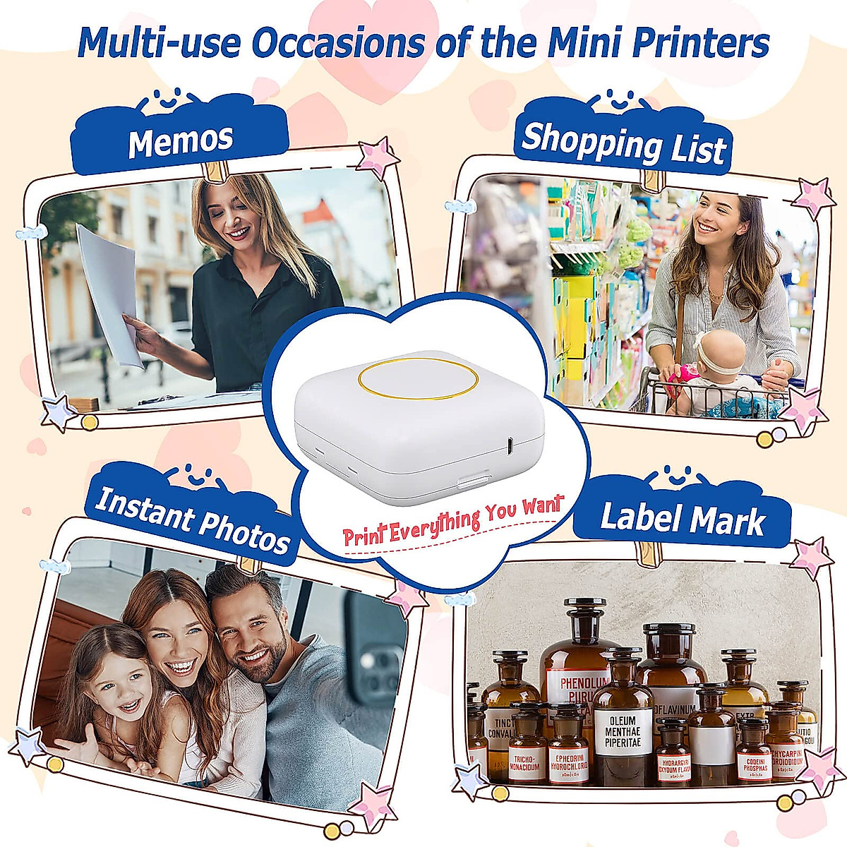 Mini Printer Portable Bluetooth-compatible Photo Printer with 10 Rolls Paper, Inkless Pocket Printer for iPhone Thermal Sticker Maker Machine Label Printer for Receipt Picture Notes Study Home Office