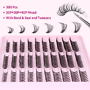 Eyelash Extensions Kit 300 Pcs Lash Clusters Individual Lashes with Strong Hold Lash Bond and Seal and Cluster Eyelashes Applicator Tool (20D/30D/40D)