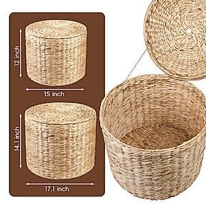 KOL Nesting Multipurpose Handwoven Storage Basket (Set of 2), Round Rattan Natural Stool/Side Table, Handwoven Organizer with Removable Lid, Dia 17"x14" H. & Dia 15"x12" H.