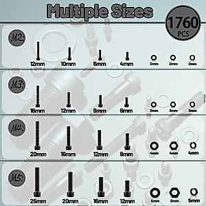 1760PCS Metric Screw Assortment M2 M3 M4 M5, Grade 12.9 Alloy Steel Hex Socket Head Cap Metric Bolts and Nuts Assortment Kit, Metric Screw Nuts and Bolts Flat&Lock Washers Set, 4 Hex Wrenches Included