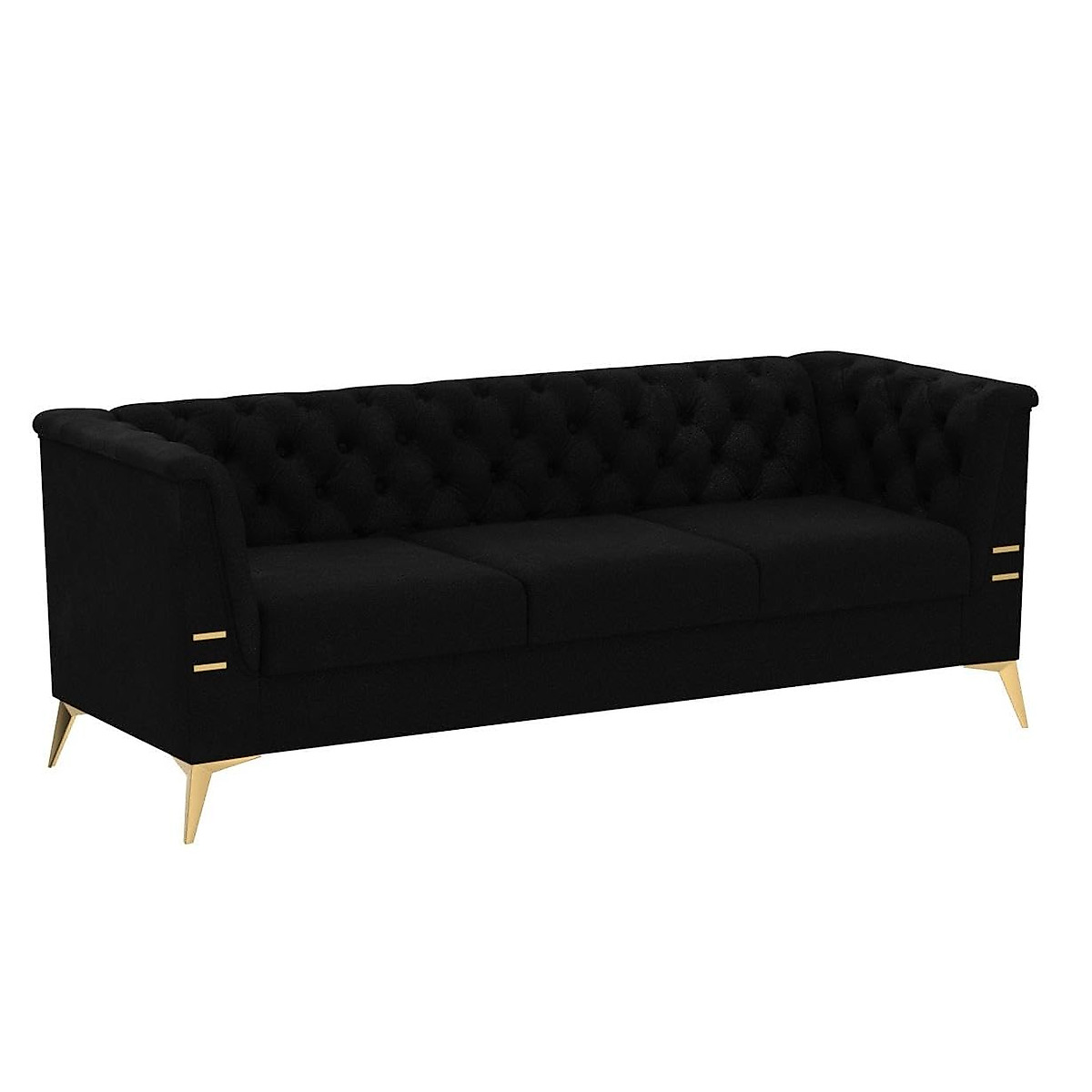 Tomkate Chesterfield Sofa, 82" Velvet Upholstered 3 Seater Couches with Flared Arms and Removable Cushions, Mid-Century Modern Sofa Couch with Solid Wood Frame and Gold Legs for Living Room (Black)