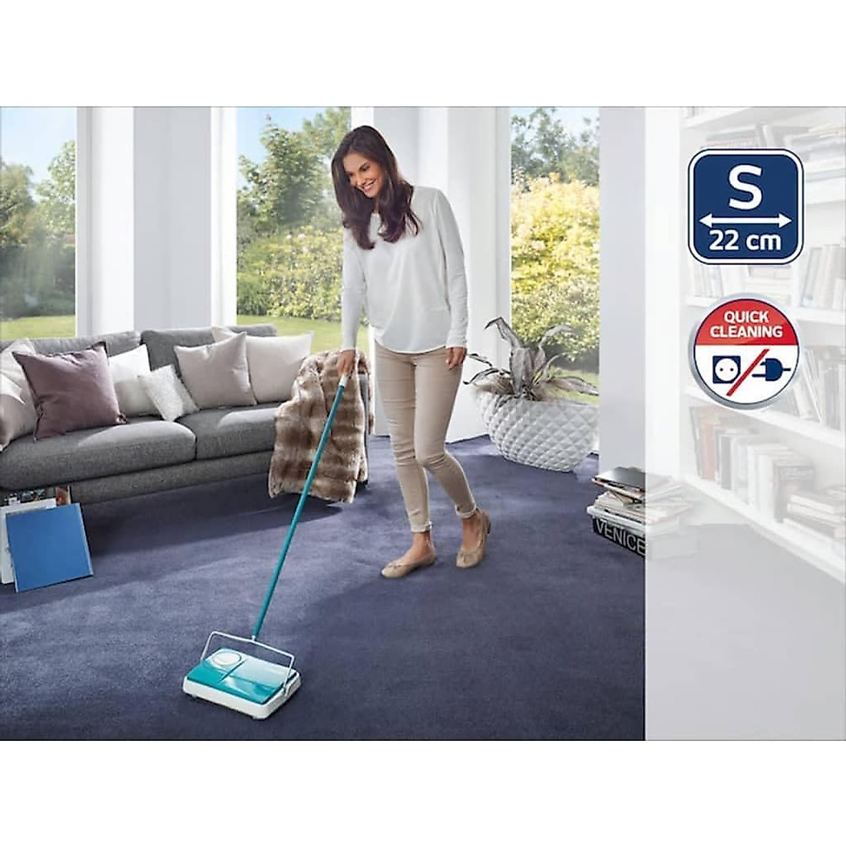 Leifheit Floor Sweeper, Carpet Sweeper,Carpet Sweeper Regulas, Turquoise, with Height Adjustment; 3 Sweeping Brushes; Sweeping Width 22 cm
