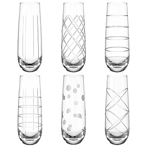 Fifth Avenue Crystal Medallion Stemless Champagne Flutes, Durable Glass, Mimosa, Cocktail Glasses Set, Prosecco Wine Flute, Bar Glassware, Toasting Wedding Glasses, Set of 6, Etched Patterns, 9.5oz