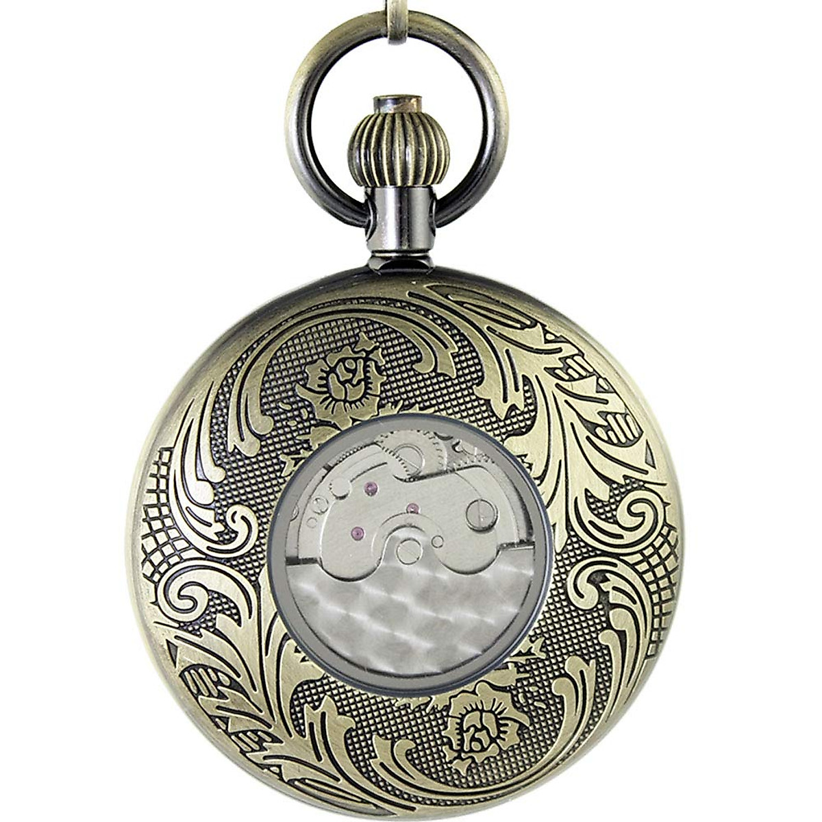 OGLE Waterproof Luminous Magnifier Tourbillon Moon Sun Chain Fob Self Wind Automatic Mechanical Pocket Watch (Bronze Black)