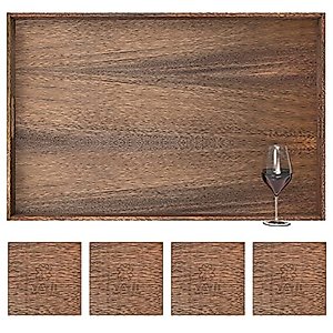 Nunemosk 28x18 inches Large Rectangle Ottoman Table Tray Wooden Solid Rectangle Serving Tray with Handle Black Walnut Platter Decorative Tray, Home Breakfast in Bed, Including 4 Walnut Coaster
