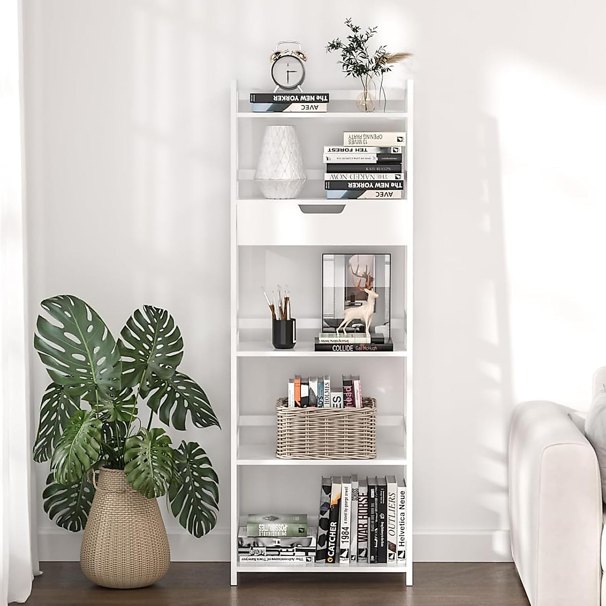 Bookshelf with Drawer, 5 Tiers Bamboo Bookcase Book Shelf Storage Organizer Modern ladder Shelf Display Stand Shelving Unit Tall Book Shelf Corner Rack for Home Office,Living Room,Kitchen,Bedroom,Toy