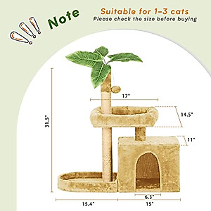 TSCOMON 31.5" Cat Tree Cat Tower for Indoor Cats with Green Leaves, Cat Condo Cozy Plush Cat House with Hang Ball and Leaf Shape Design, Cat Furniture Pet House with Cat Scratching Posts, Beige