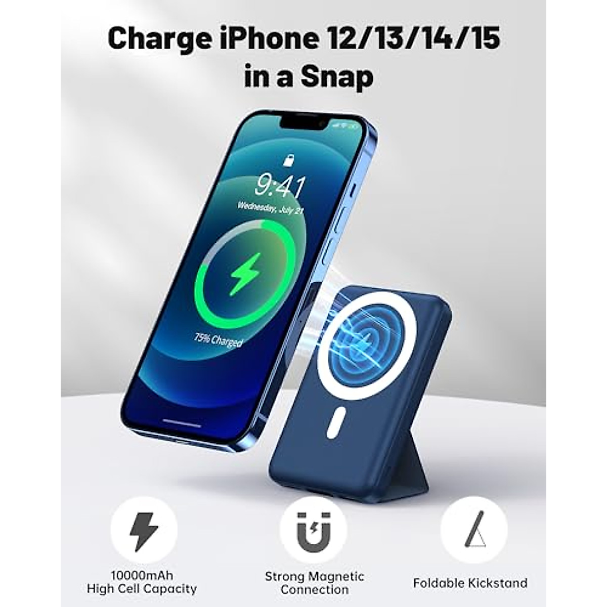 Yiisonger Magnetic Wireless Portable Charger, Foldable 10000mAh Battery Pack with USB-C Cable LED Display, Magnetic Power Bank 22.5W PD Fast Charging for iPhone 15/14/13/Pro/Mini/Pro Max (Blue)