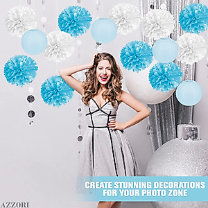 15Pcs Blue Pom Pom Decorations - Blue and White Pom Poms Flowers Decoration Blue Tissue Paper Lanterns Party Decorations - Light Blue Tissue Paper Flowers Decorations Birthday Decorations for Women