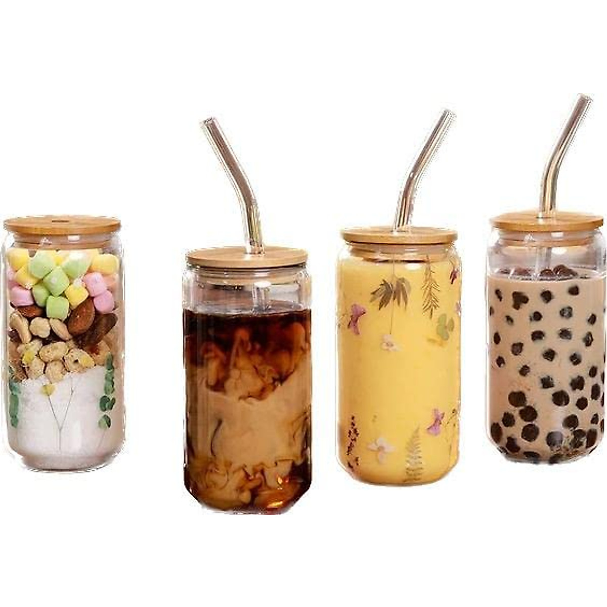 [4 pc set] Can Shaped Drinking Glass Cups with Bamboo Lid, Glass Straw, and Cleaning Brush. High Borosilicate Glass Material. Excellent for smoothies, soda and iced coffee.