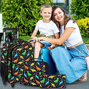 FTJCF 3PCS Rolling Backpack for Boys, Kids Dinosaur Roller Bookbag with Wheels, Wheeled School Bag Set for Elementary - Black